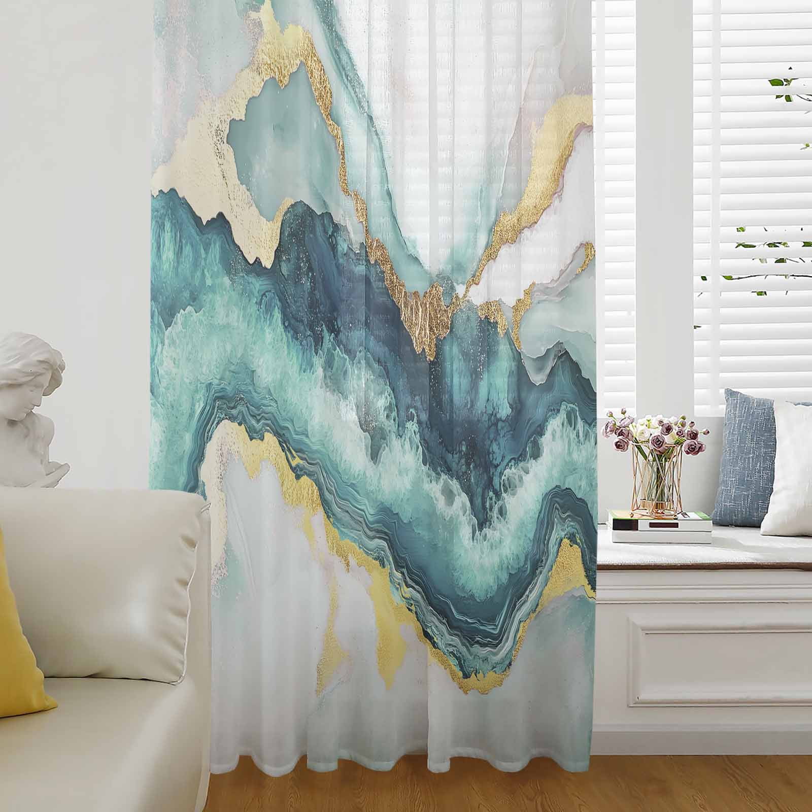 Marble Turquoise Window Curtain 84 Inches Long,Modern Abstract Luxury ...