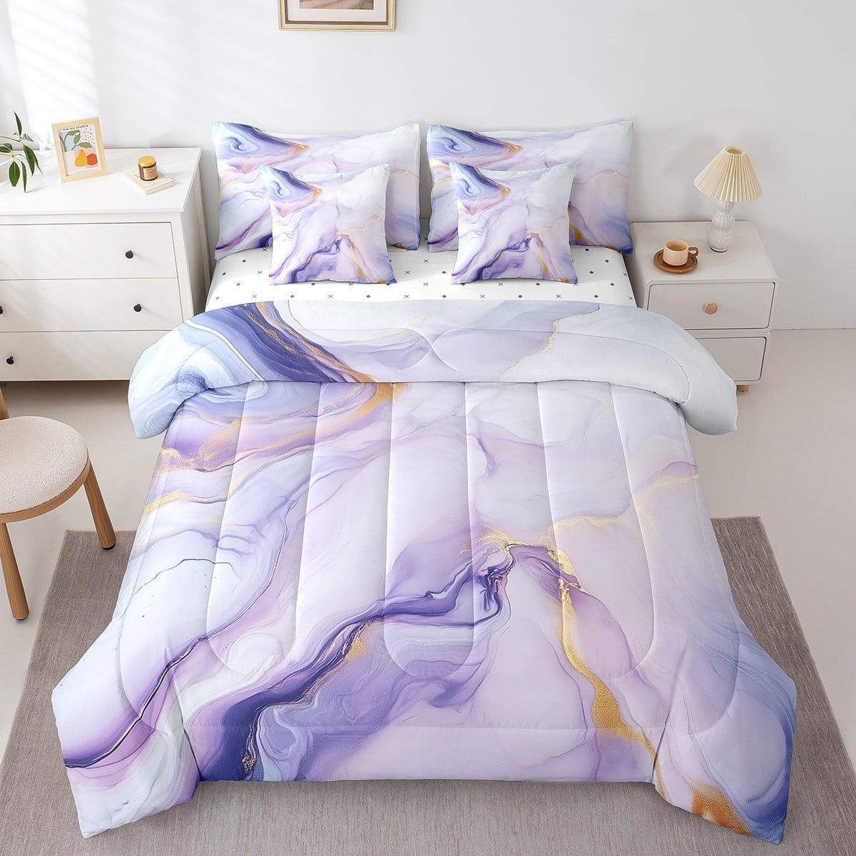 Marble Twin Comforter Set 7 Piece Purple Gold Abstract Marbling Bedding ...