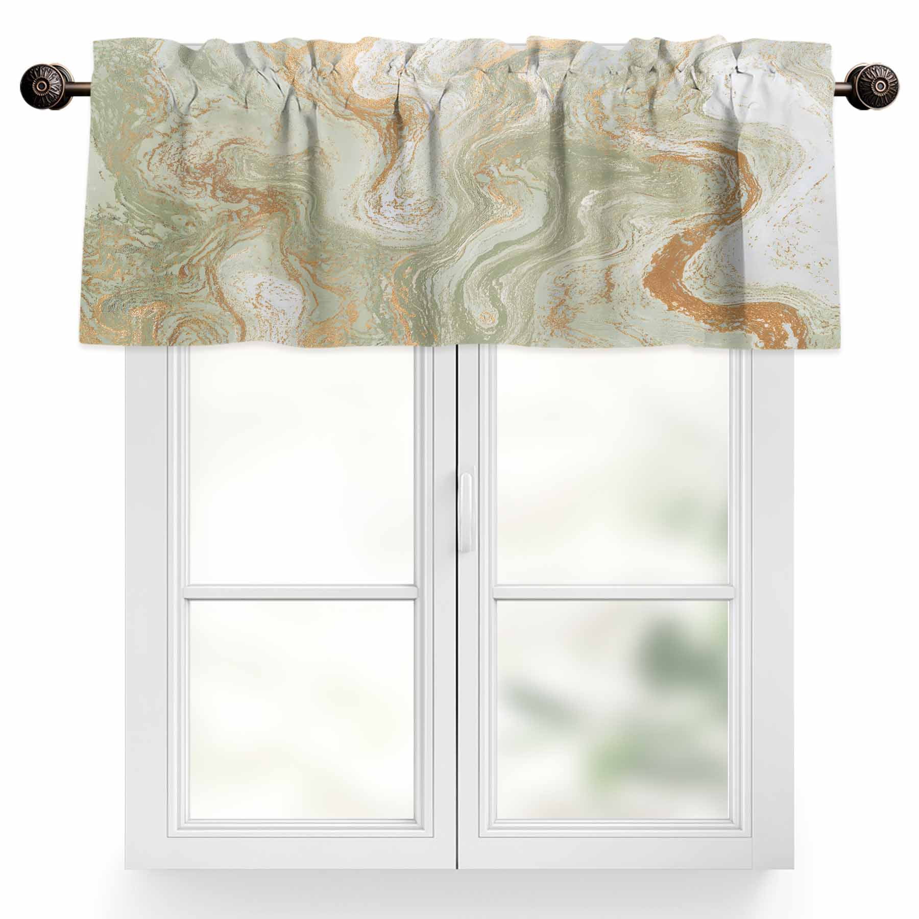 Marble Valances for Windows, 42 x 12in, Abstract Fluid Art Green Brown ...