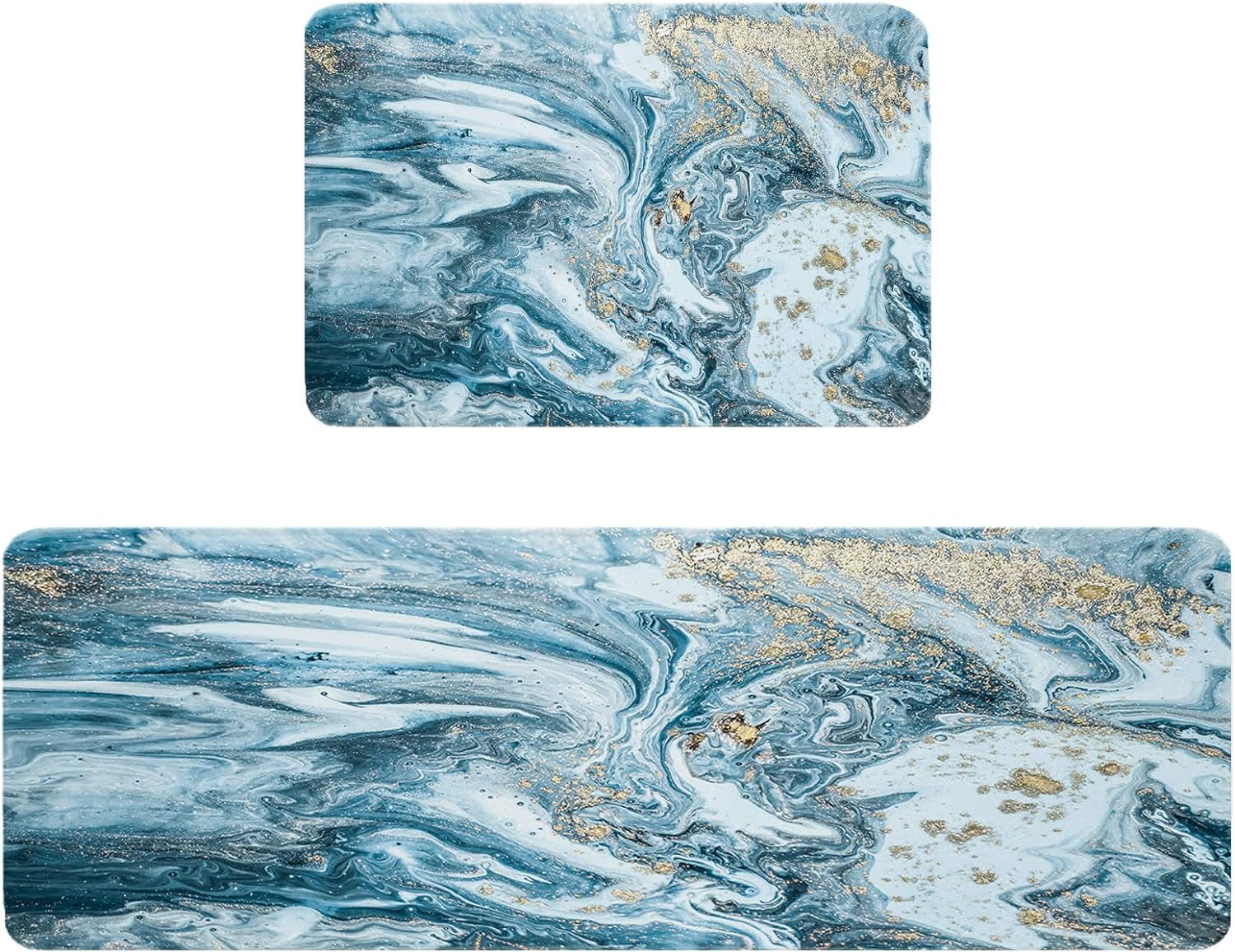 Marble White Blue and Gold Abstract Liquid Kitchen Mat Rug Set of 2 ...