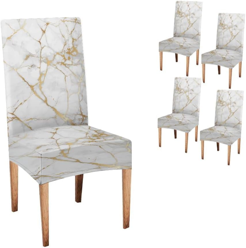 Marble White Gold Dining Room Chair Covers Set of 4,Stretch Parsons ...