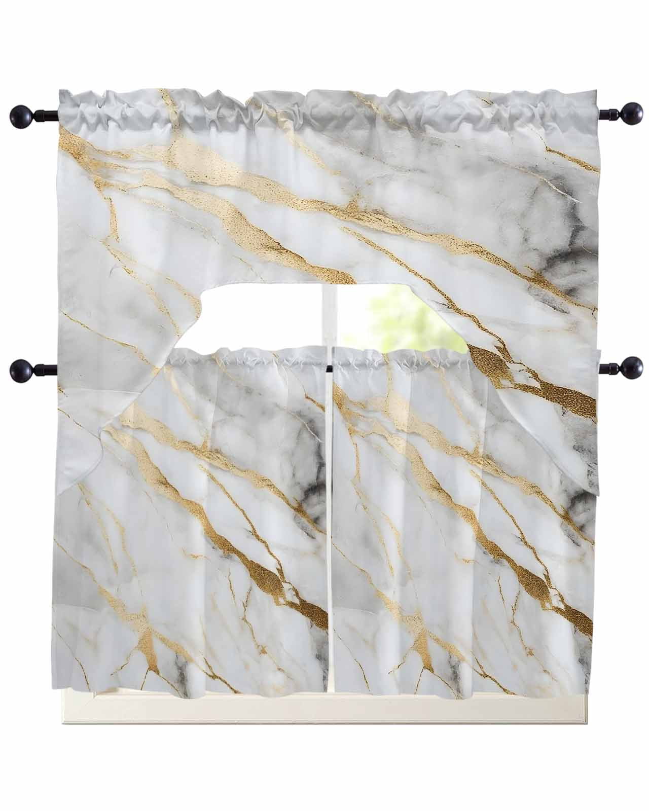 Marble White Gold Kitchen Curtains Swag Valance and Tier Curtains Set ...