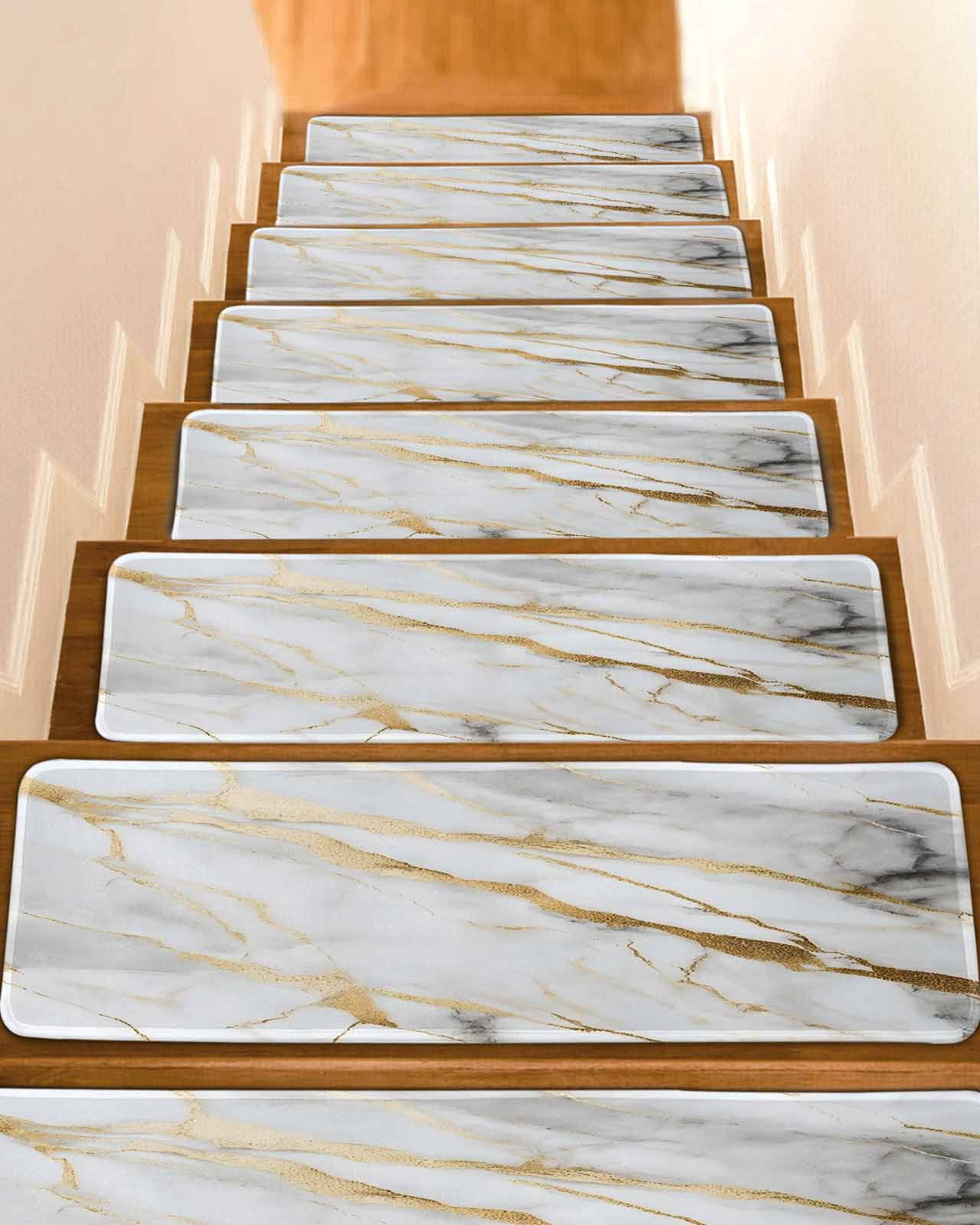 Marble White Gold Non-Slip Stair Treads for Wooden Steps, 4 Pack-8x30in ...
