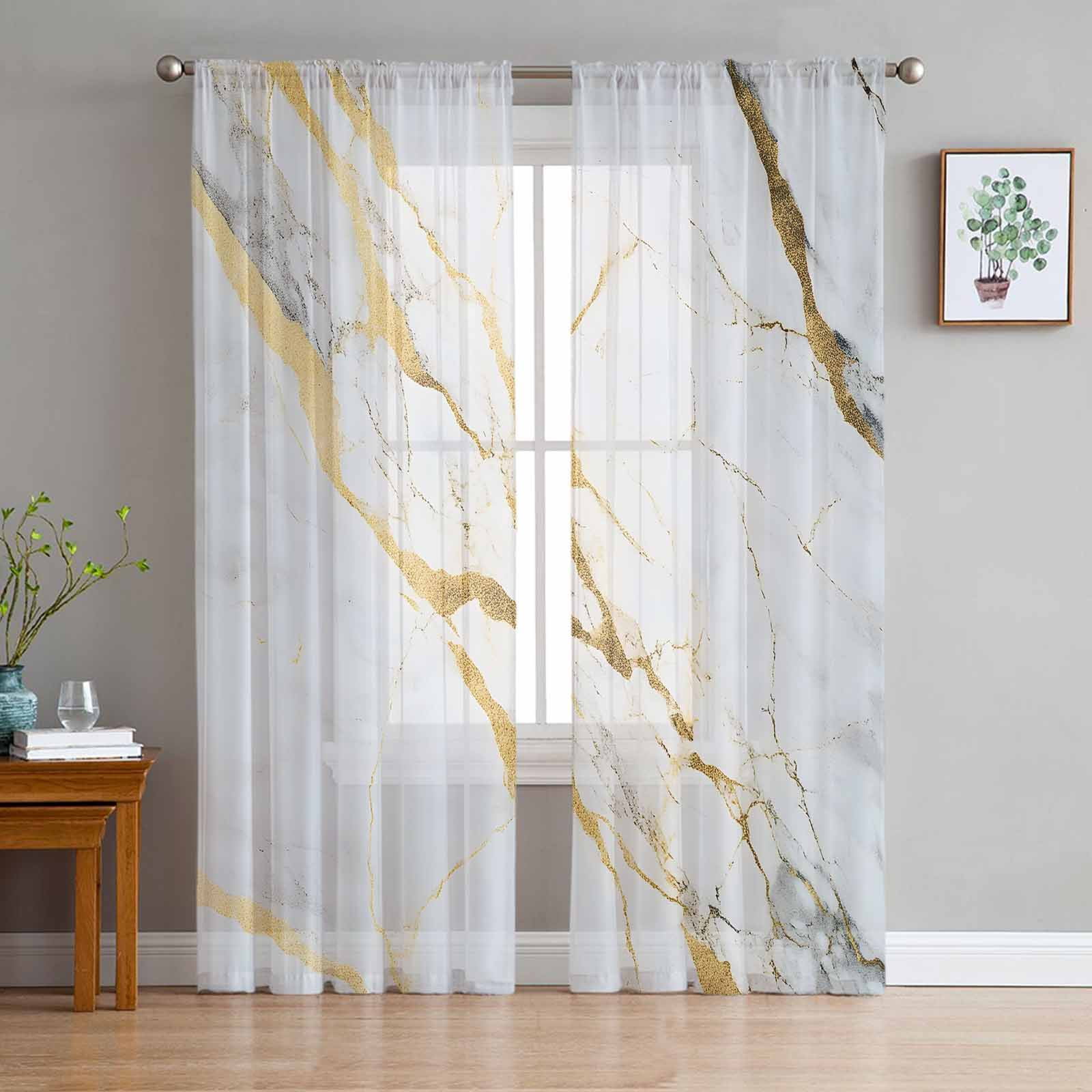 Marble White Gold Sheer Curtains 96 Inches Long 2 Panels Set, Window ...
