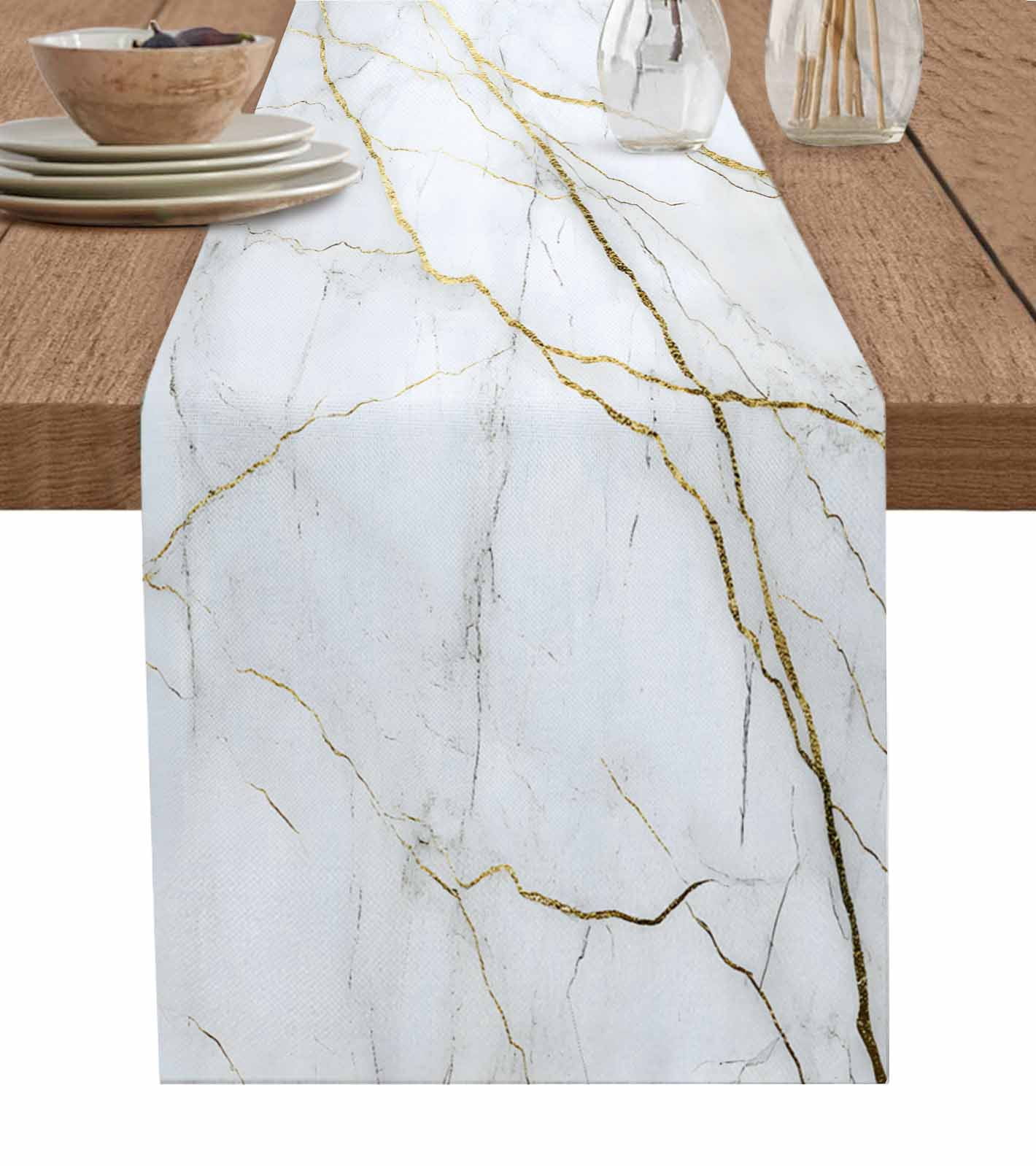 Marble White Table Runner Modern Abstract Art Golden Ink Painting ...