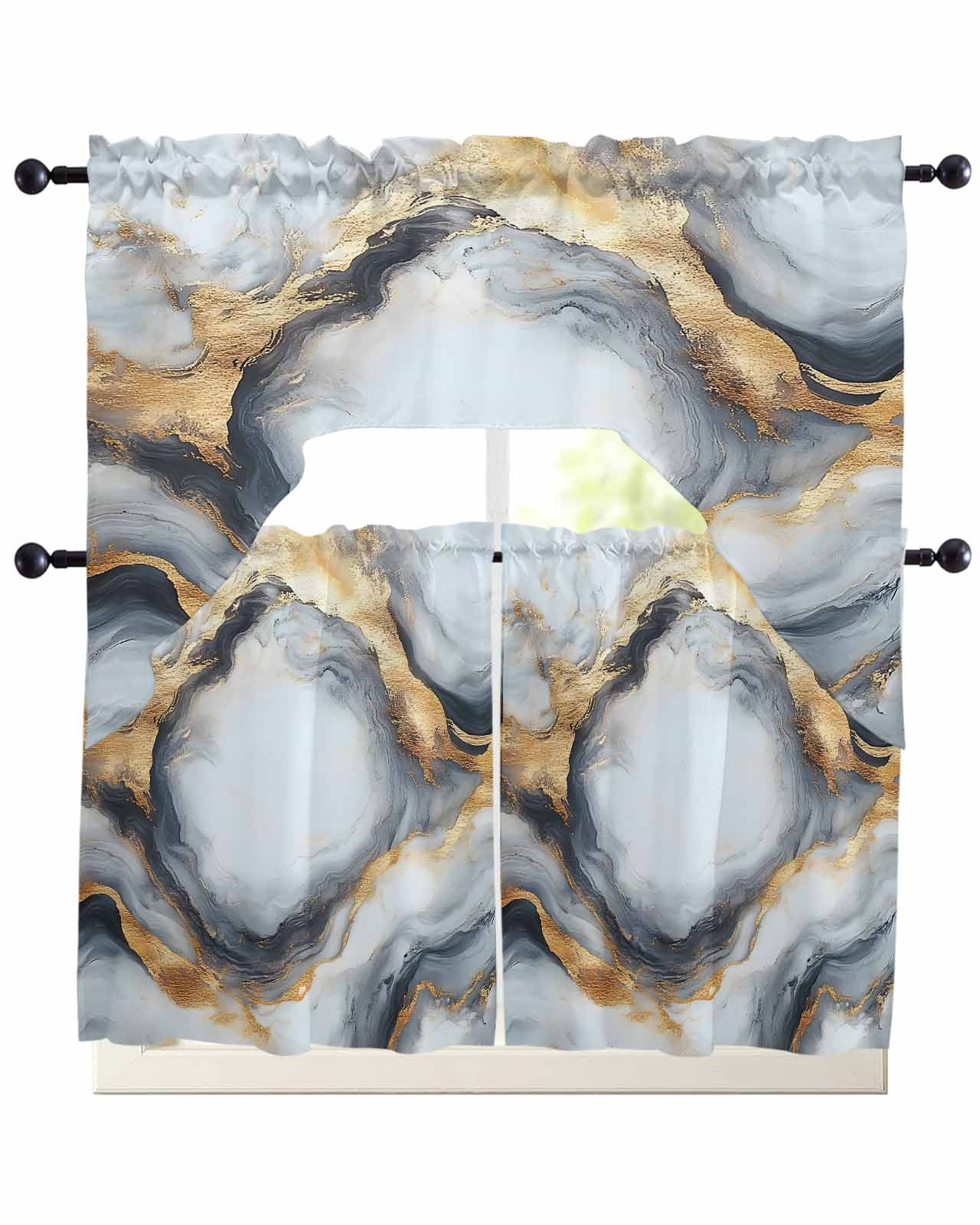 Marble White Yellow Kitchen Curtains Sets 24 Inch Length with Valance ...