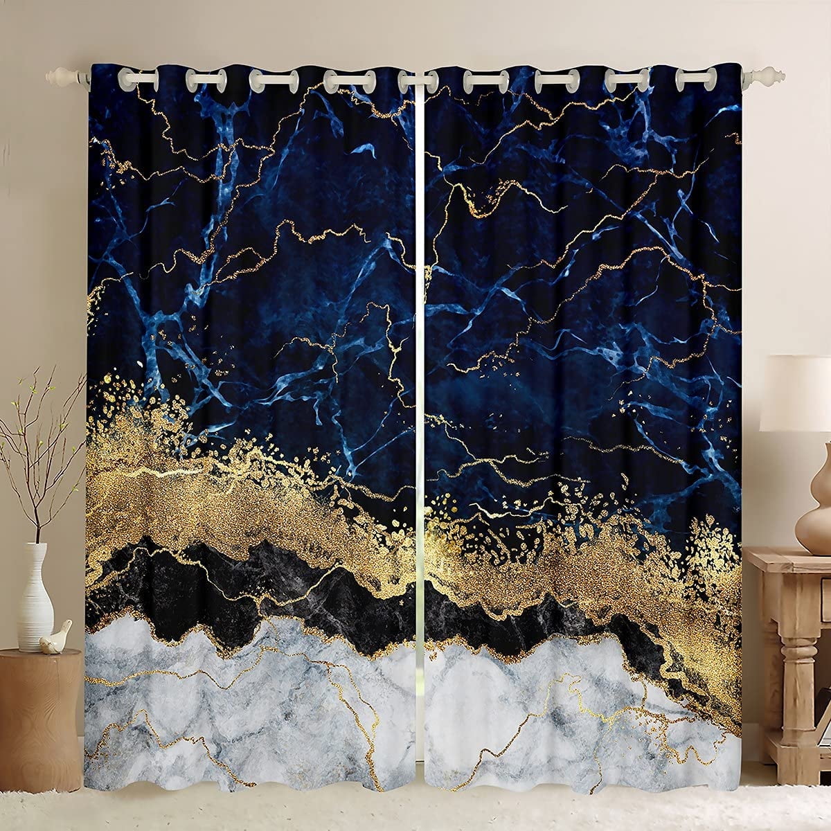 Marble Window Drapes Gold Giltter Curtain Panels Navy Blue Stone Marble ...
