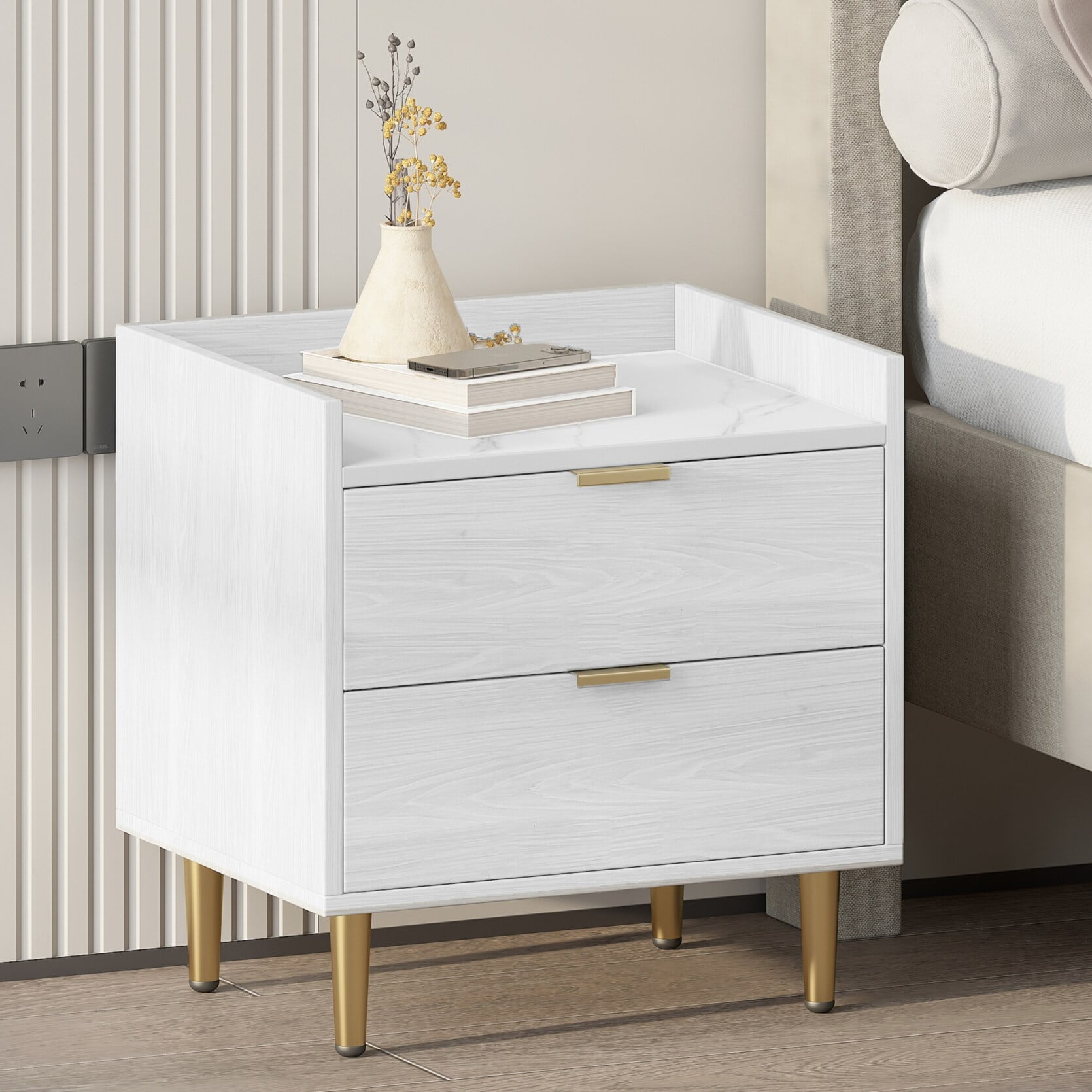 Marble Worktop Nightstands with Metal Legs & Handles, Bedside Table ...