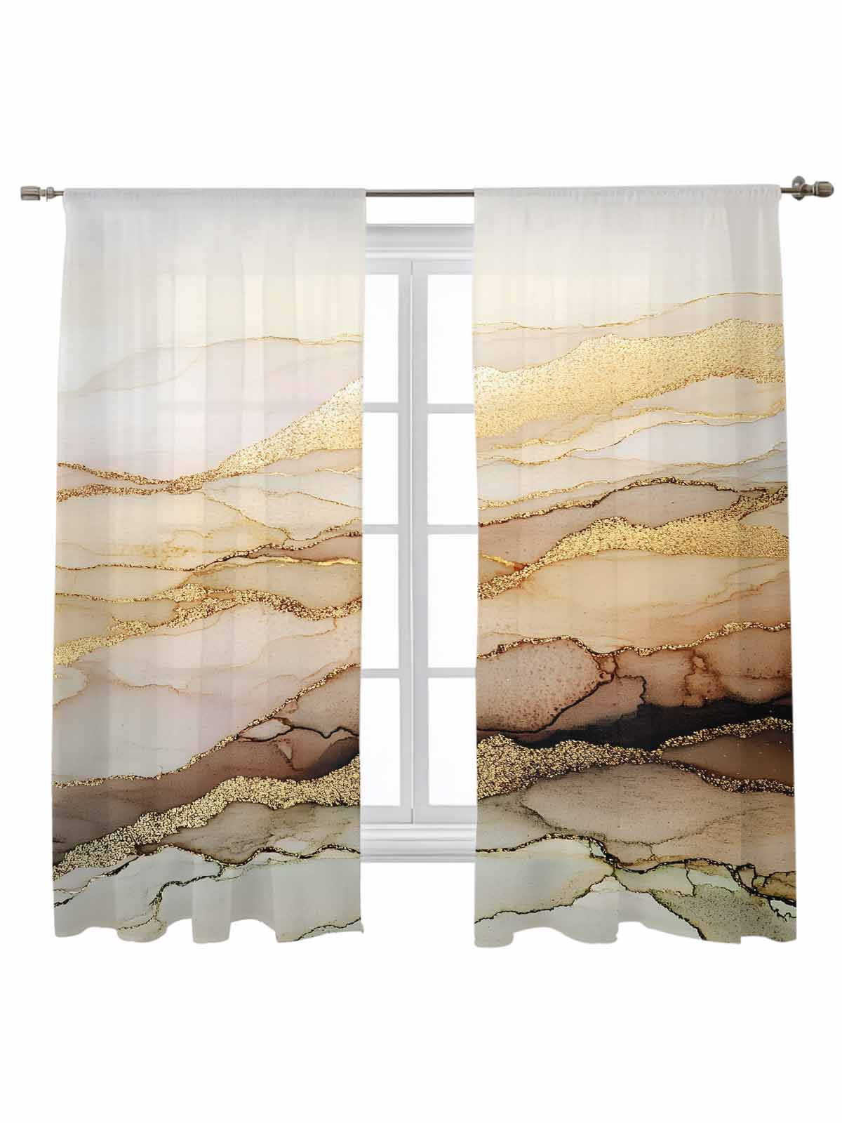 Marble Yellow Sheer Curtains 2 Panels Set Gradient Gold Marbling Modern ...