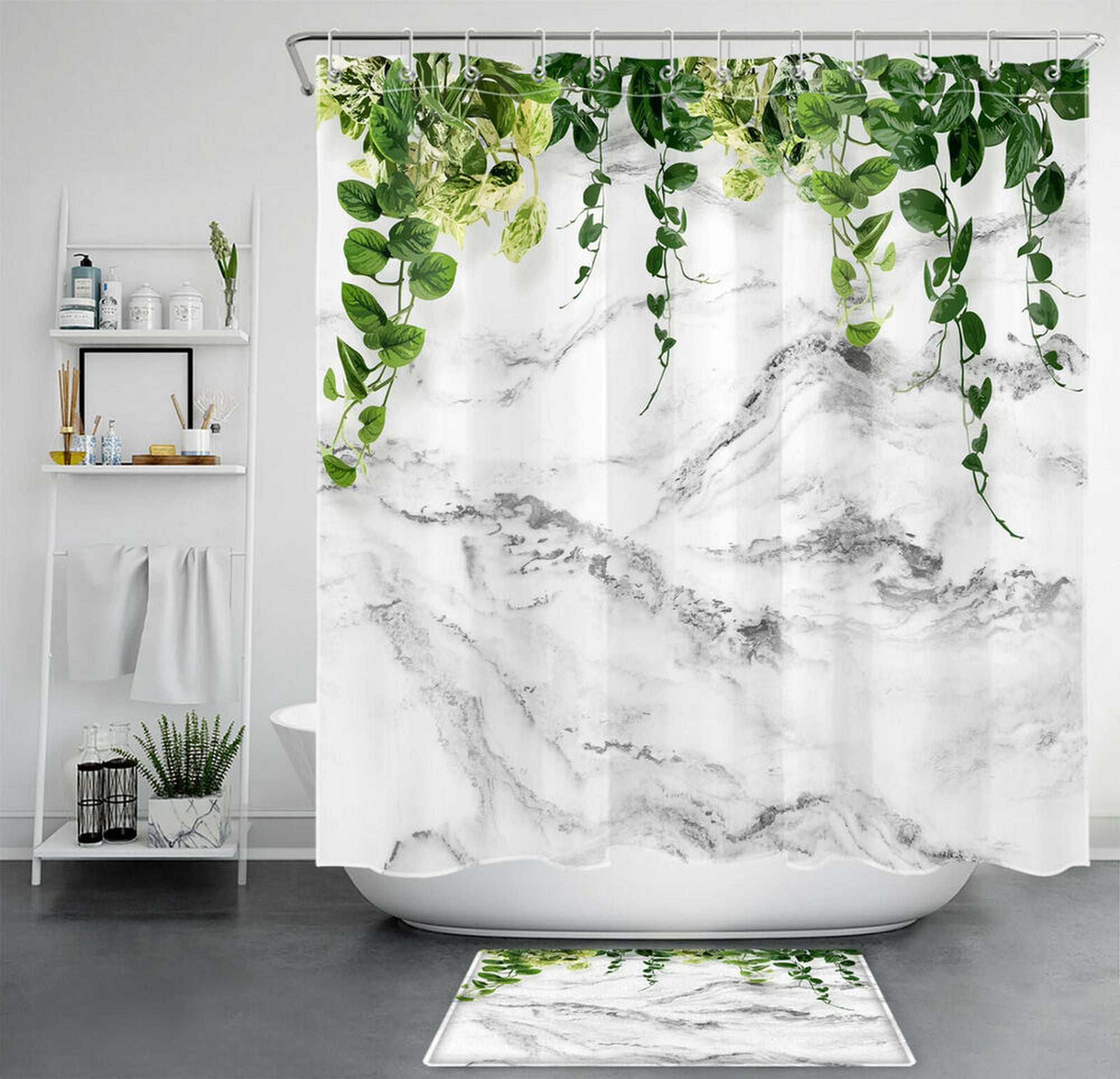 Marble and Green Leaf Patterned Shower Curtain Set for a Modern ...