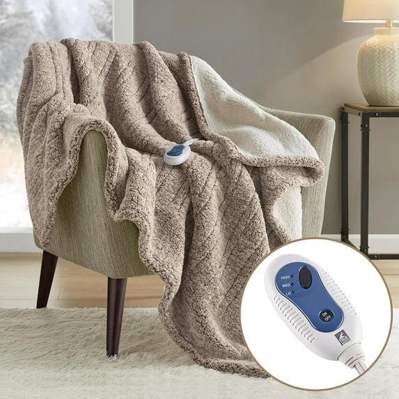 Marbled Sherpa Heated Throw, Ultra Cozy Sherpa Face and Solid Reverse ...