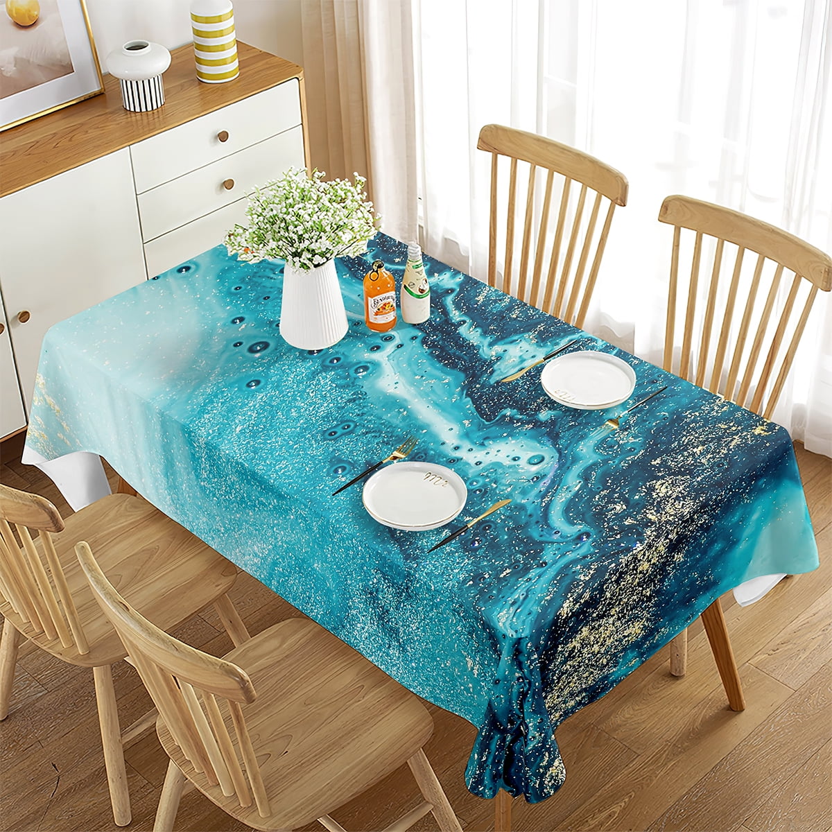 Marbling Blue Tablecloth St Wavy Textures Liquid Paint Gold Foil Luxury ...