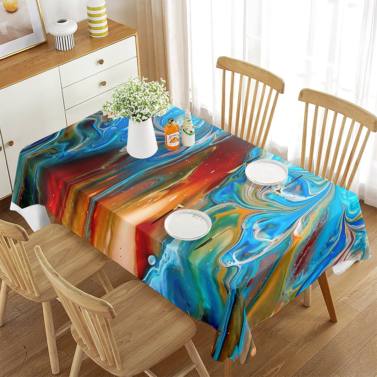 Marbling Blue Tablecloth St Wavy Textures Liquid Paint Gold Foil Luxury ...