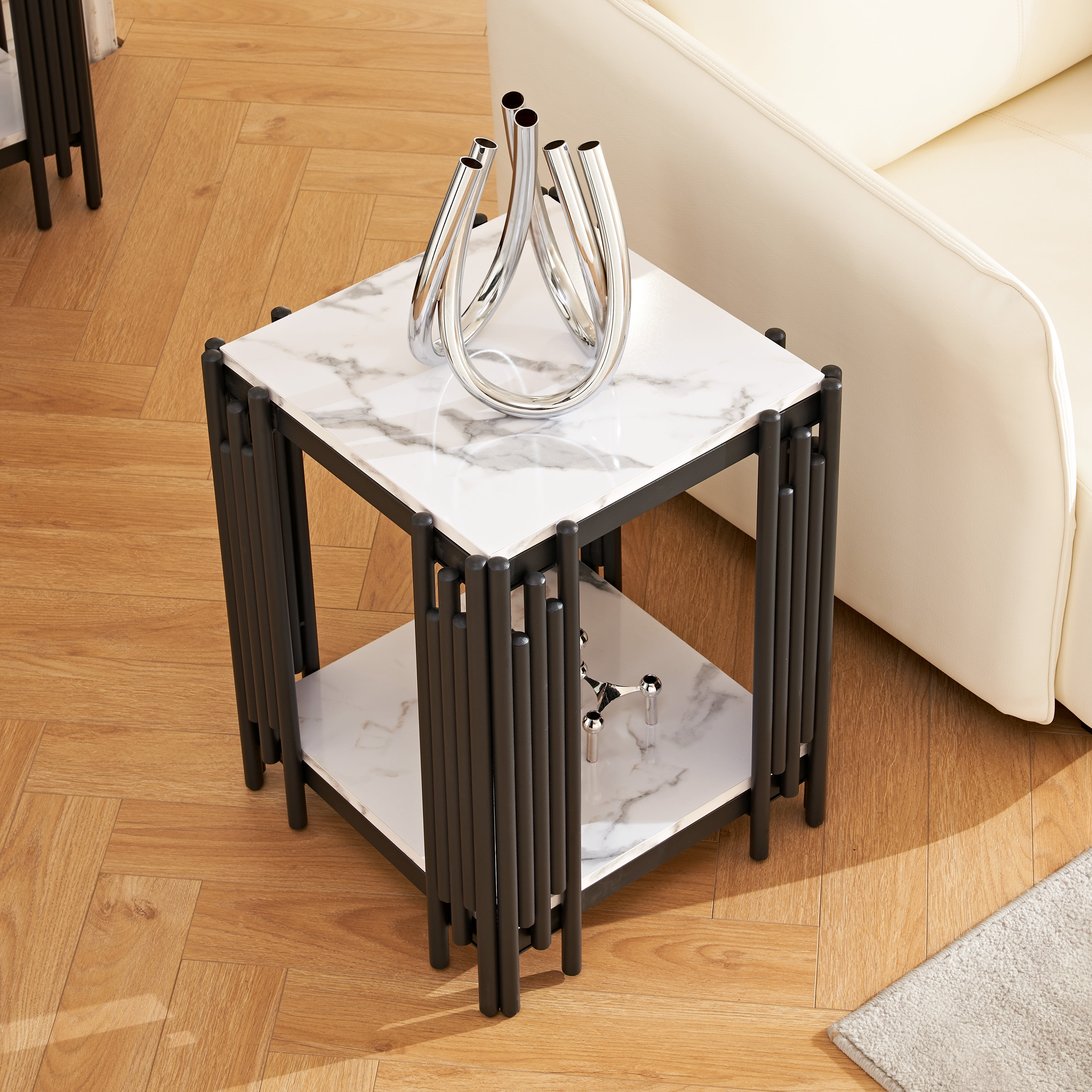 Marbling End Table, 2-Tier Side Table,Narrow Side Table with Storage ...