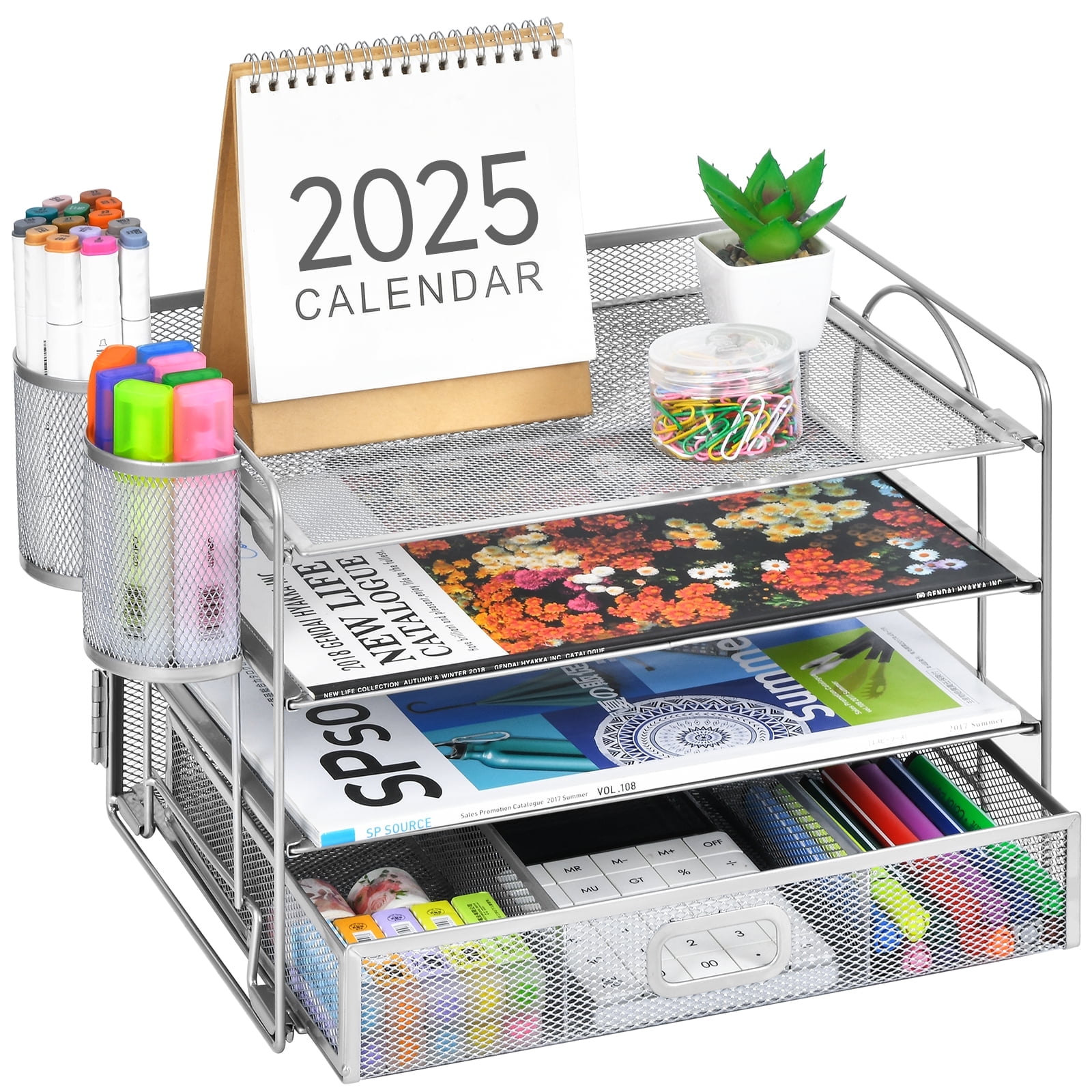 Marbrasse 4-Trays Desktop File Organizer with Pen Holder | Paper Letter ...