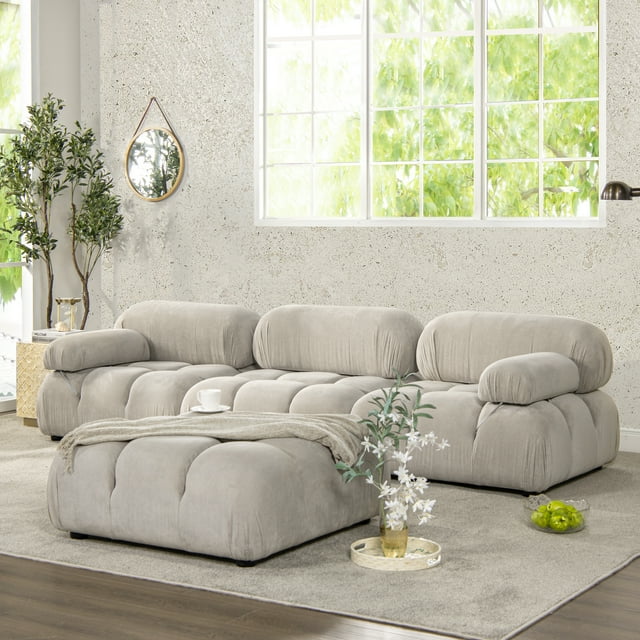 Marcel 109.5" Bubble Modular Modern 3-Piece Sofa, Pebble Gray Corduroy ...