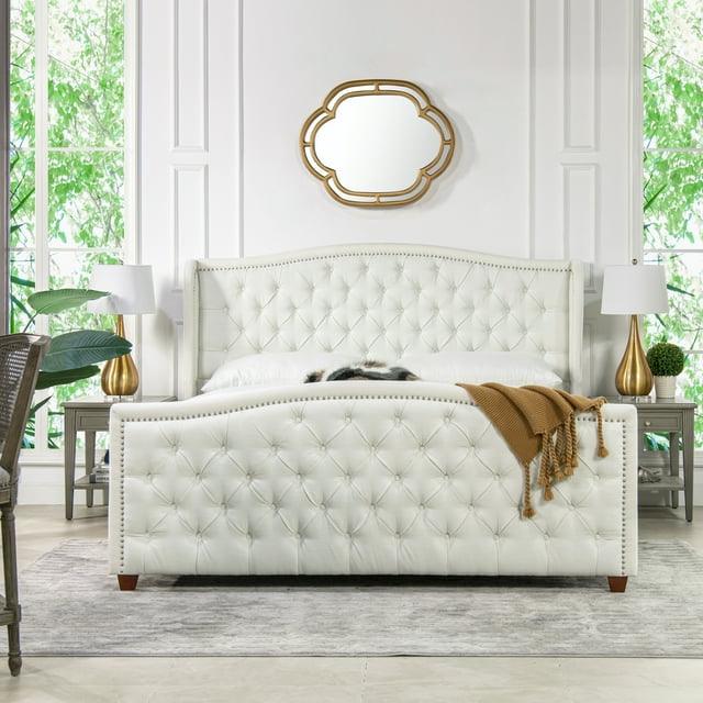 Marcella Tufted Wingback King Bed Antique White - Walmart.com