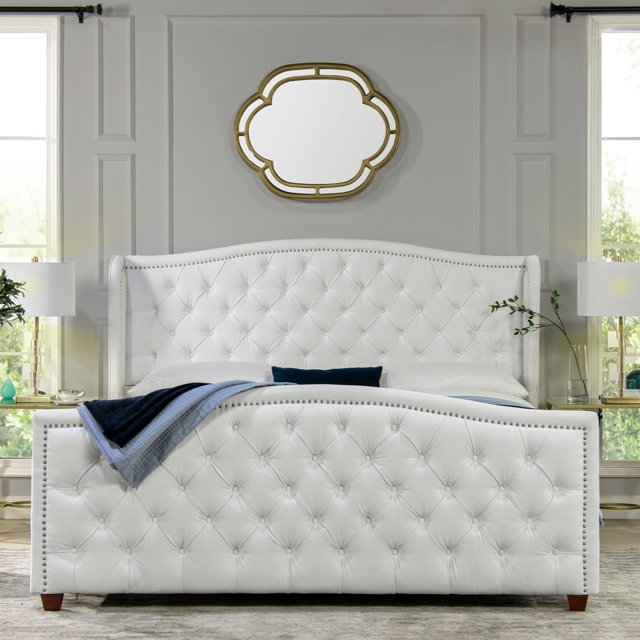 Marcella Tufted Wingback King Bed Bright White - Walmart.com