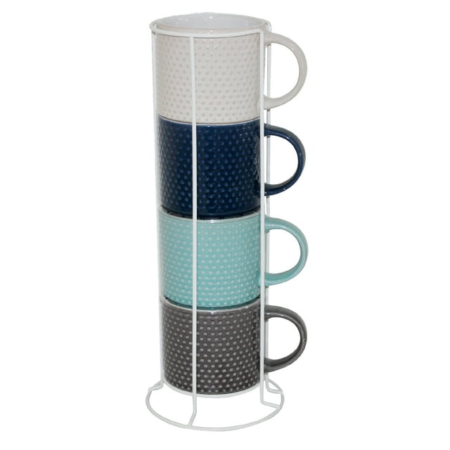 Marcelle 4 Piece Embossed Stackable Mug Set with Redesigned Stand, 14 ...