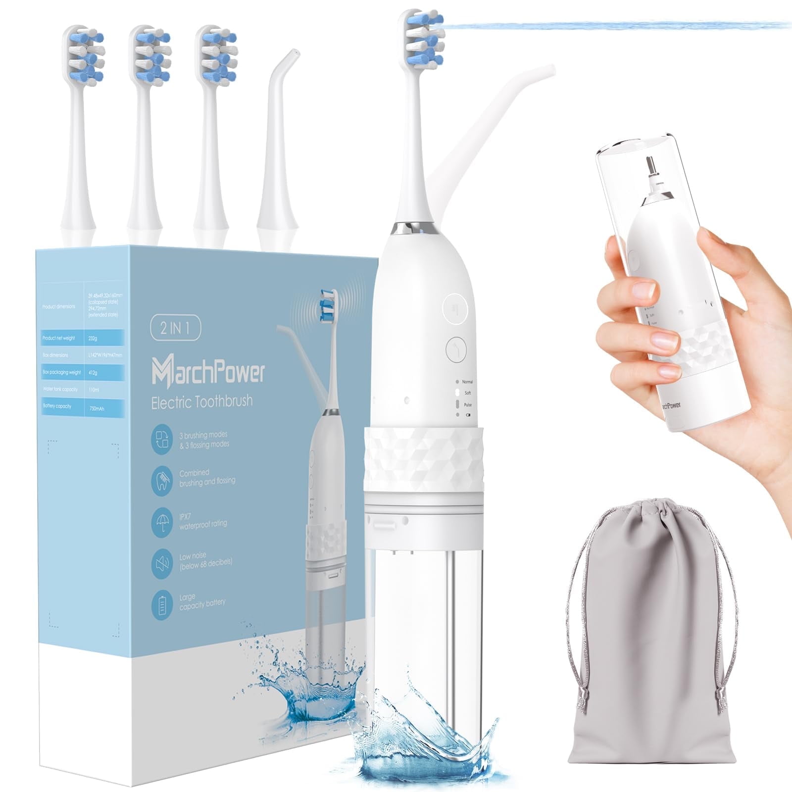 Marchpower Electric Toothbrush with Water Flosser, 2 in 1 Cordless ...