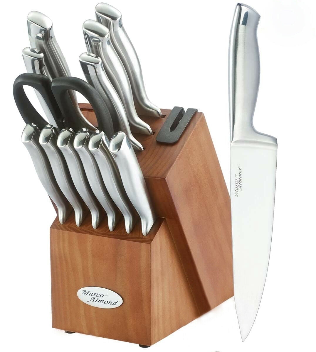 Marco Almond 14-Piece Stainless Steel Knife Set with Wooden Block ...