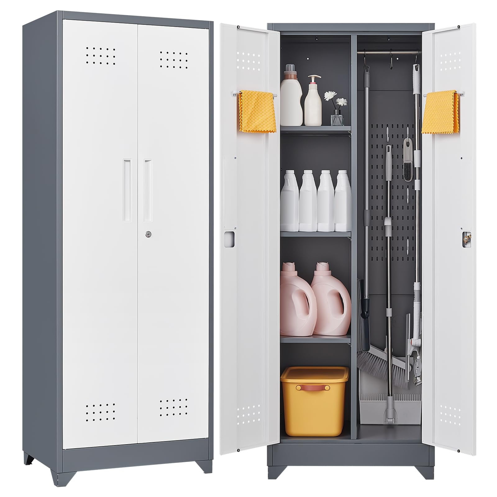 Marcree 65" H Metal Garage Storage Cabinet, Steel Broom Storage Cabinet ...