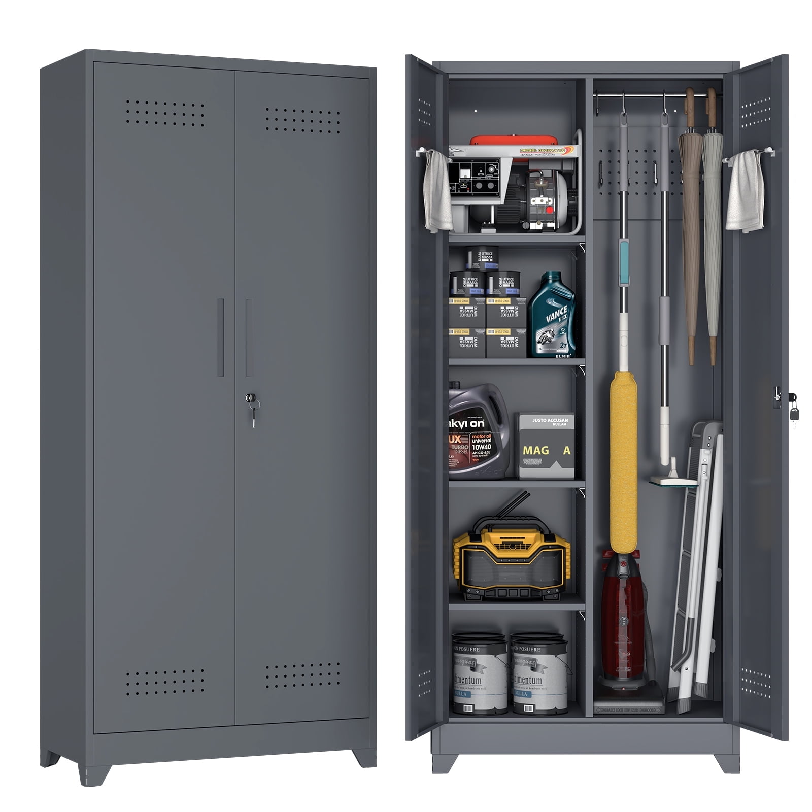 Marcree Broom Storage Cabinet with Locking Doors and Shelves,72.8" H ...
