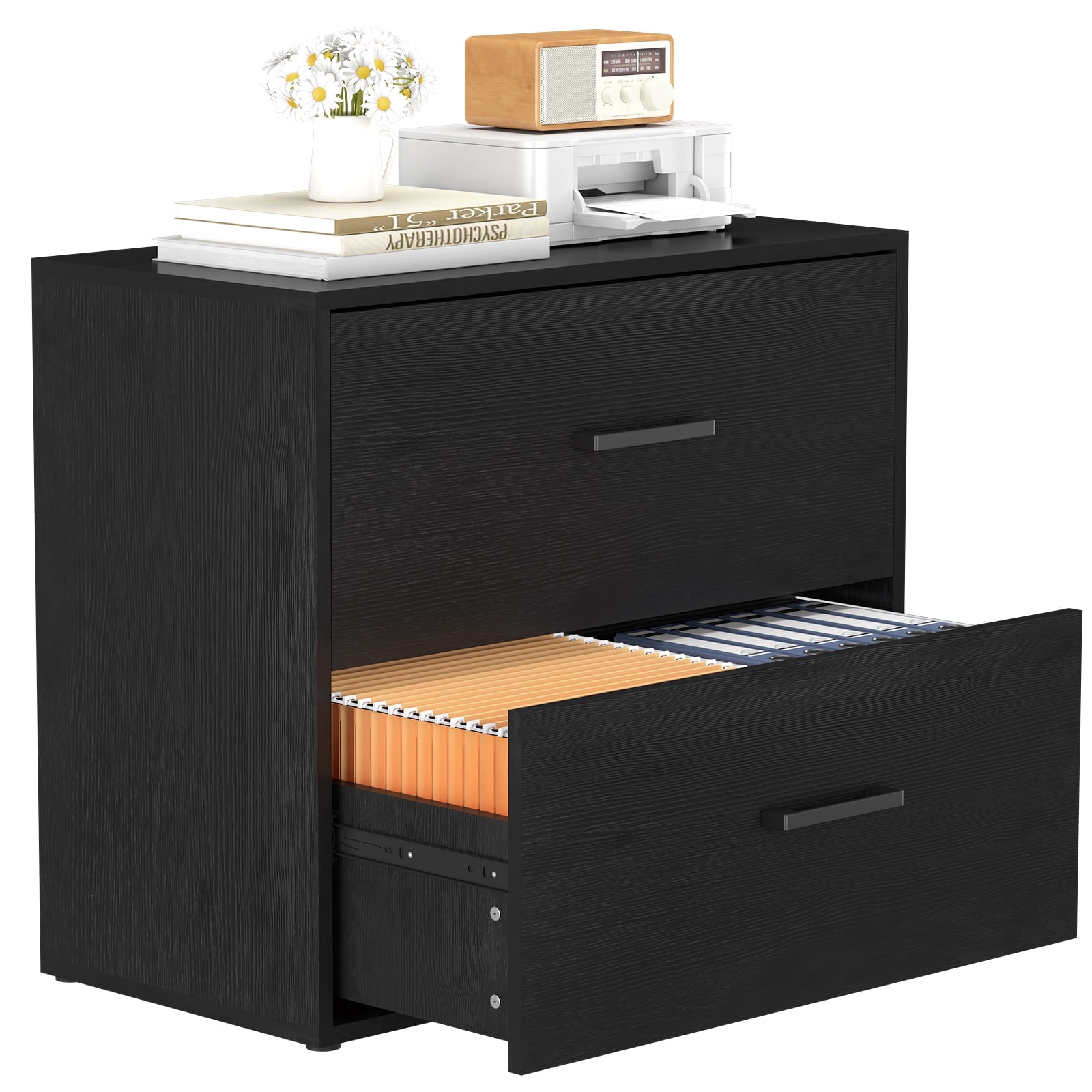 Marcree Lateral File Cabinet, Wood Black File Cabinet with Hanging Bars ...