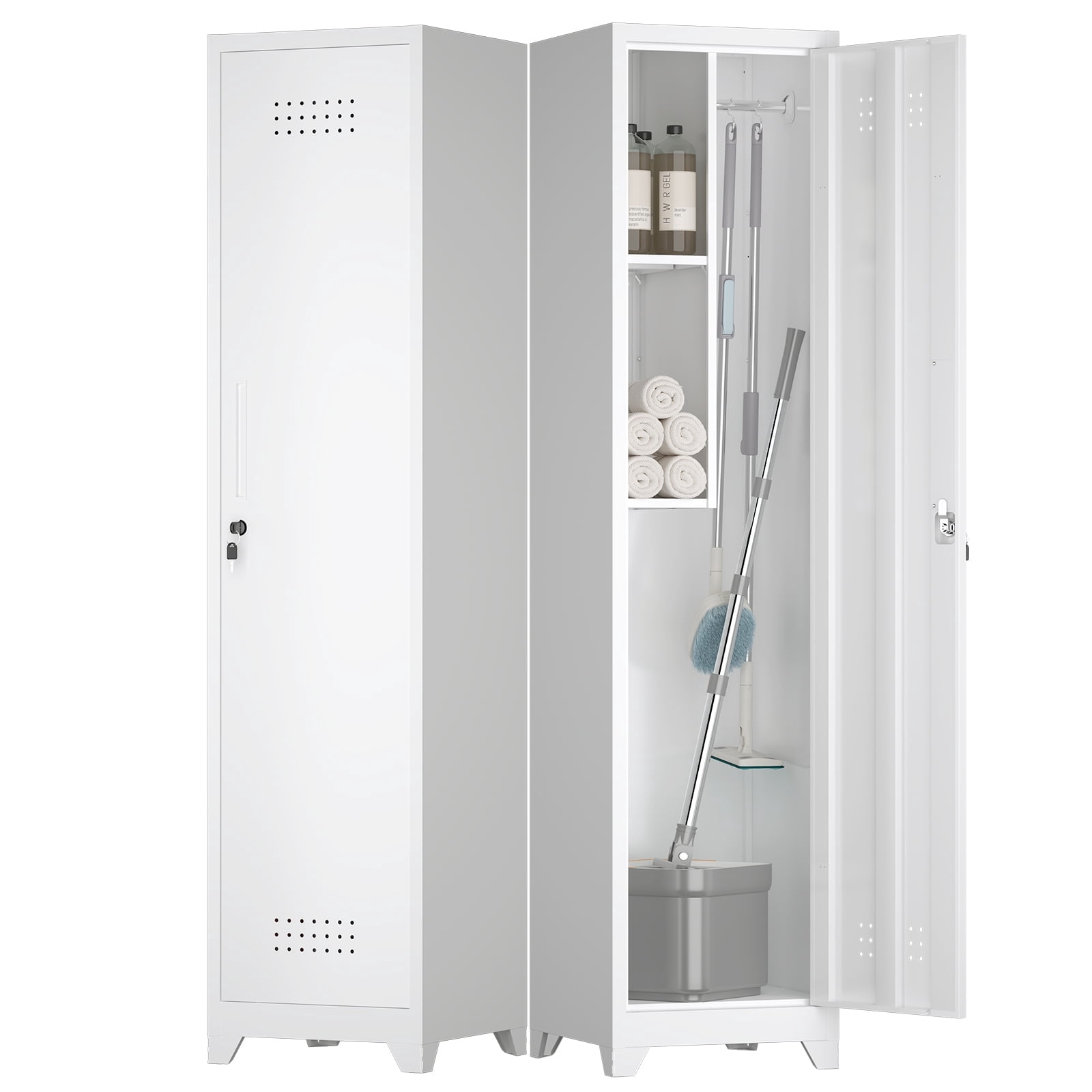 Marcree Metal Broom Storage Cabinet, 65" Narrow Broom Cabinet with ...