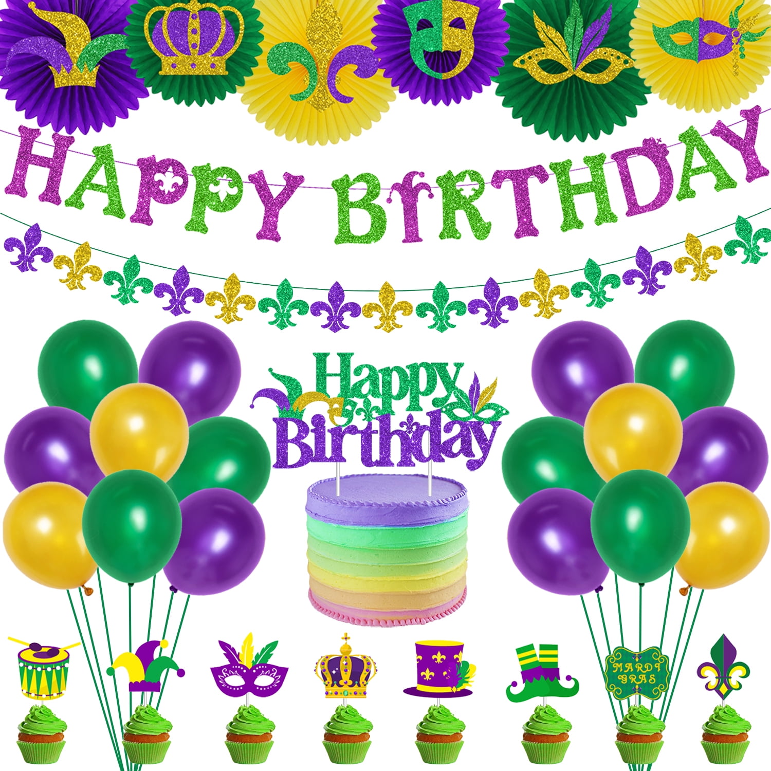 Mardi Gras Birthday Party Decorations - Glitter Happy Birthday Banner ...