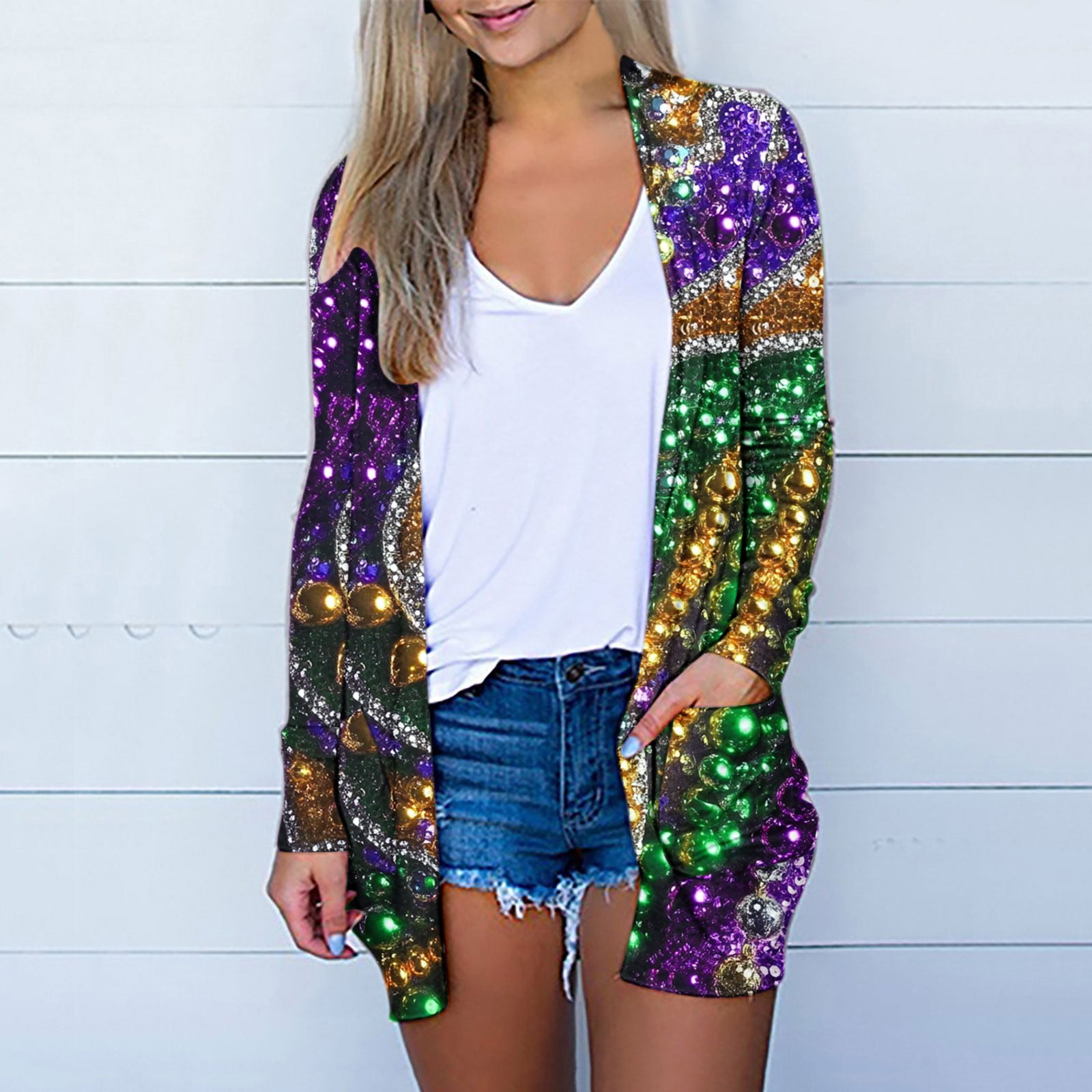 Mardi Gras Cardigan Tops Womens Casual Long Sleeve Thin Bathing Open ...