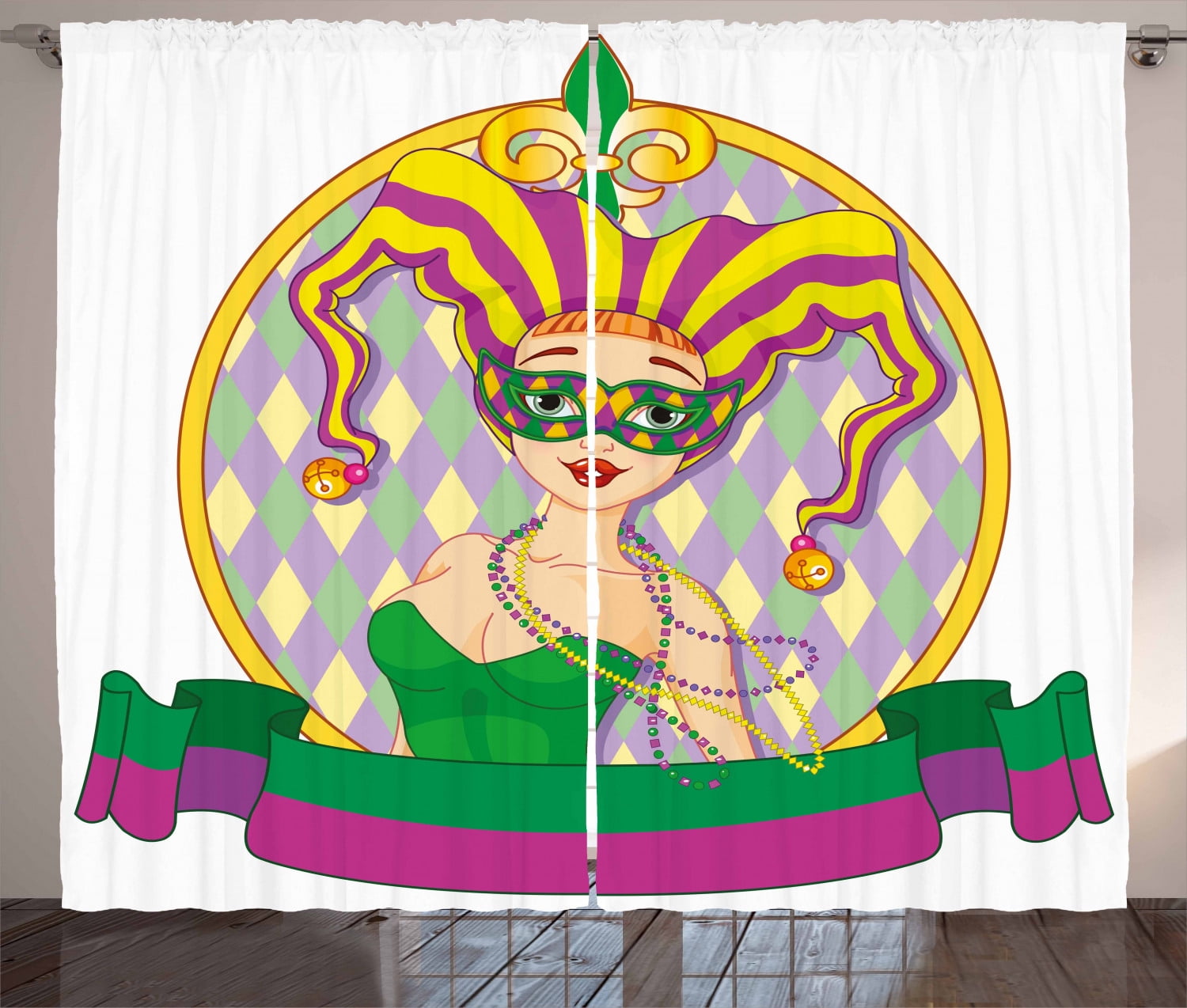 Ambesonne Mardi Gras Curtains 2 Panel Set, Harlequin Lady Frame, 108" x ...