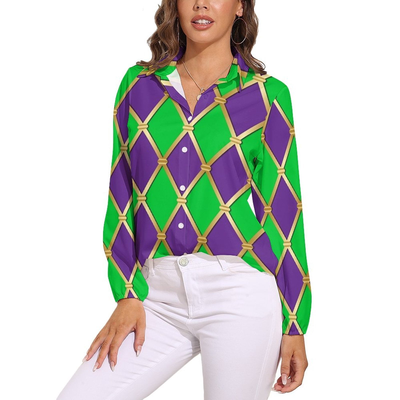 Mardi Gras Diamond Pattern Vntage Casual Long Sleeve Shirt Blouse Woman ...