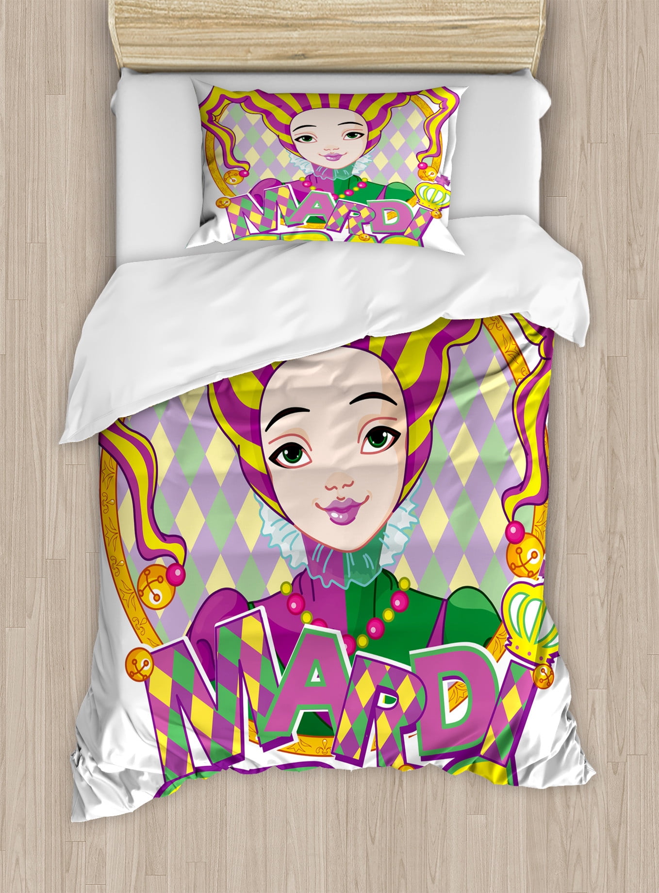 Mardi Gras Duvet Cover Set, Carnival Girl in Harlequin Costume and Hat ...
