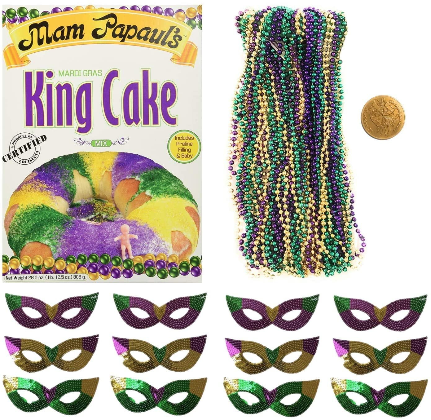 Mardi Gras King Cake Party Pack- King Cake Mix, 6 Dozen Necklaces, 12 ...