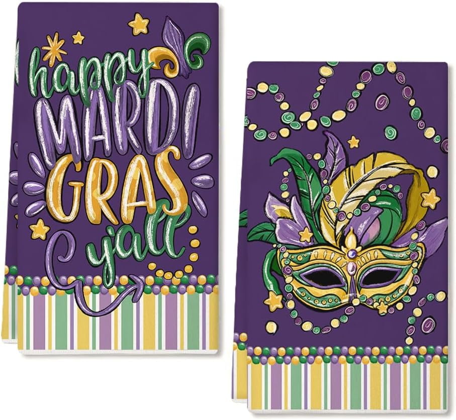 Mardi Gras Kitchen Towels Set of 2,Purple Mask Fleur de lis Bes Dish ...