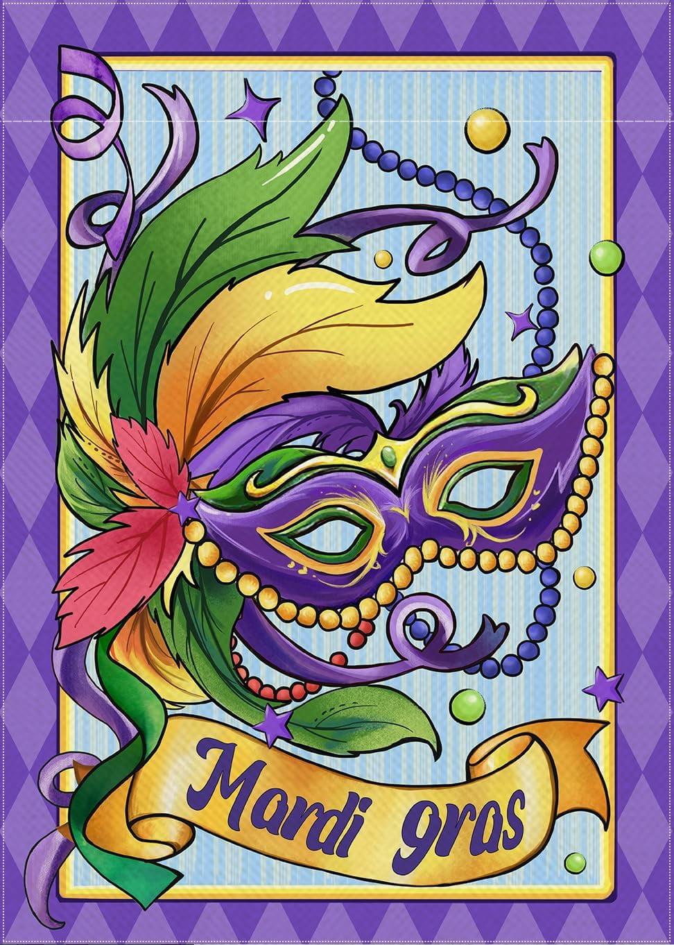 Mardi Gras Mask Feather Decorative Garden Flag, Purple Diamond Beads ...
