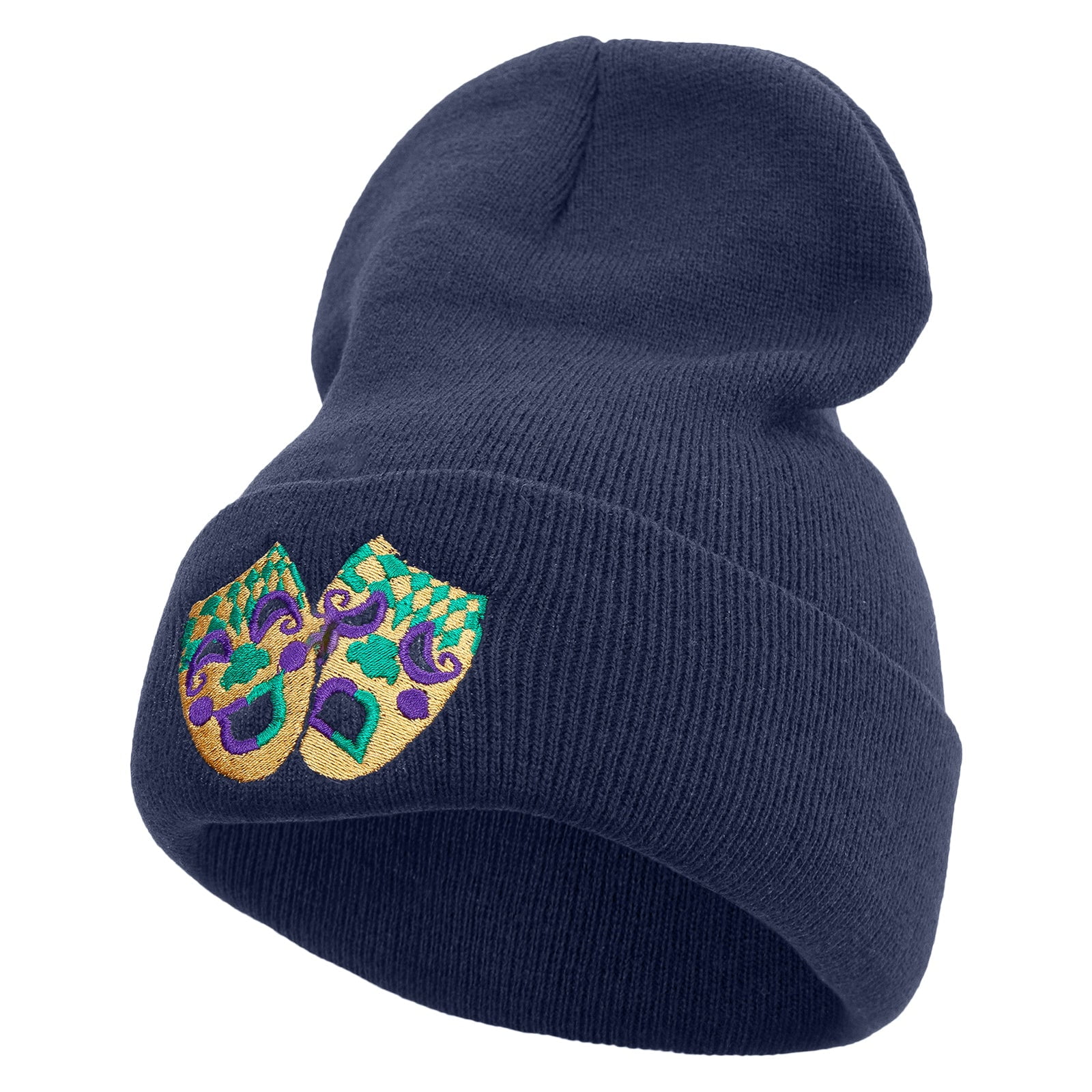 Mardi Gras Masks Logo Embroidered 12 Inch Long Knitted Beanie - Navy ...