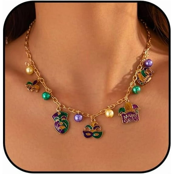 Mardi Gras Necklace for Women Colorful Carnival Charms Necklace Crown ...