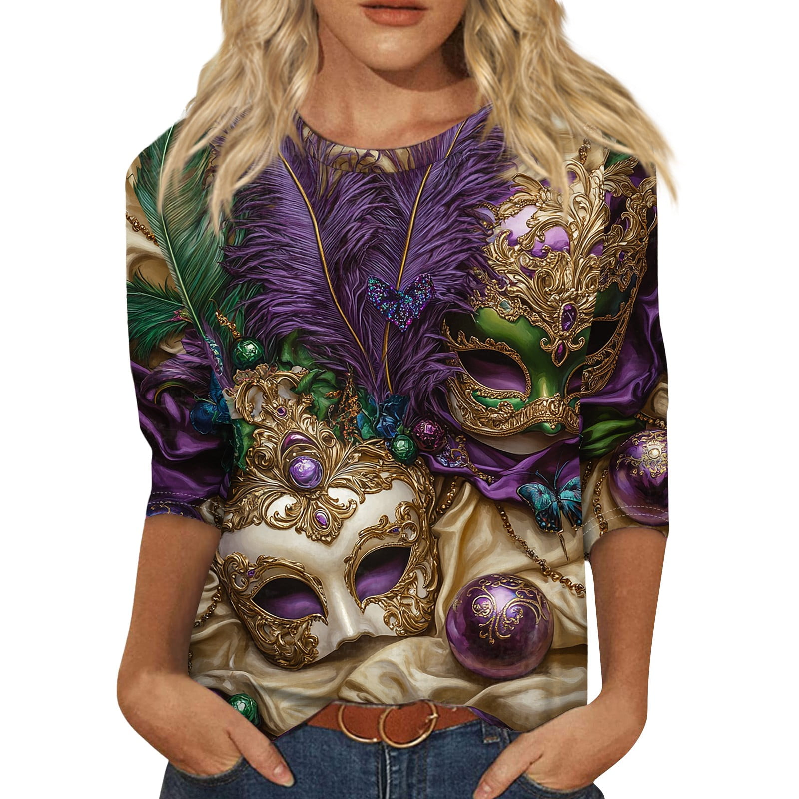 Mardi Gras Outfits for Women 3/4 Sleeve Carnival Top, Casual Crewneck Blouse for 2026 Carnival ...