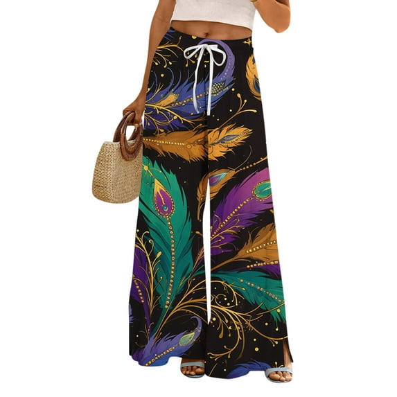 Mardi Gras Pants for Women Elastic Waist Pocket Wide Leg Pants Graphic ...