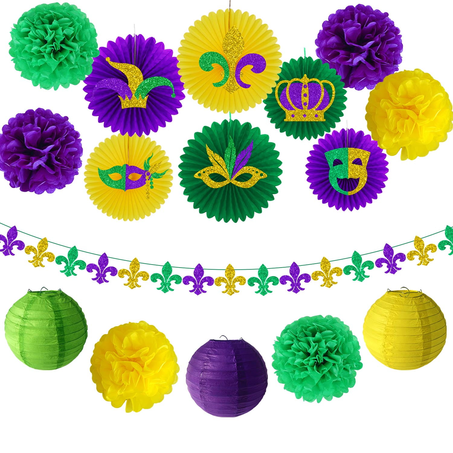 Mardi Gras Party Decorations, Green Gold Purple Paper Fans Pom Poms ...