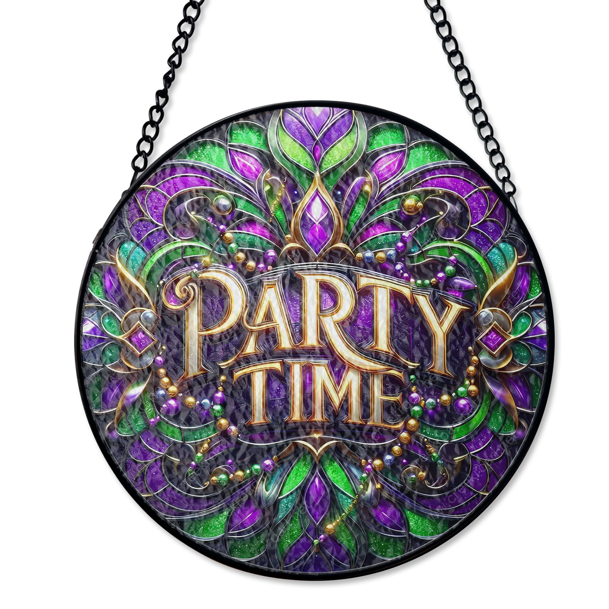 Mardi Gras Party Time Glitter Look Suncatcher Stained Glass Style UV ...