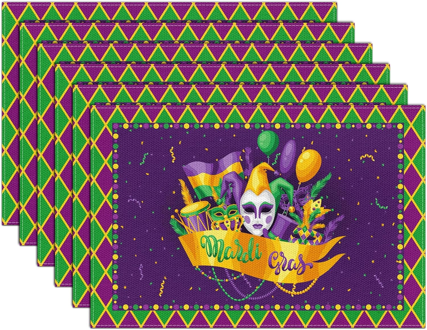 Mardi Gras Placemats Set of 6, Mask Beads Necklace Happy Mardi Gras ...