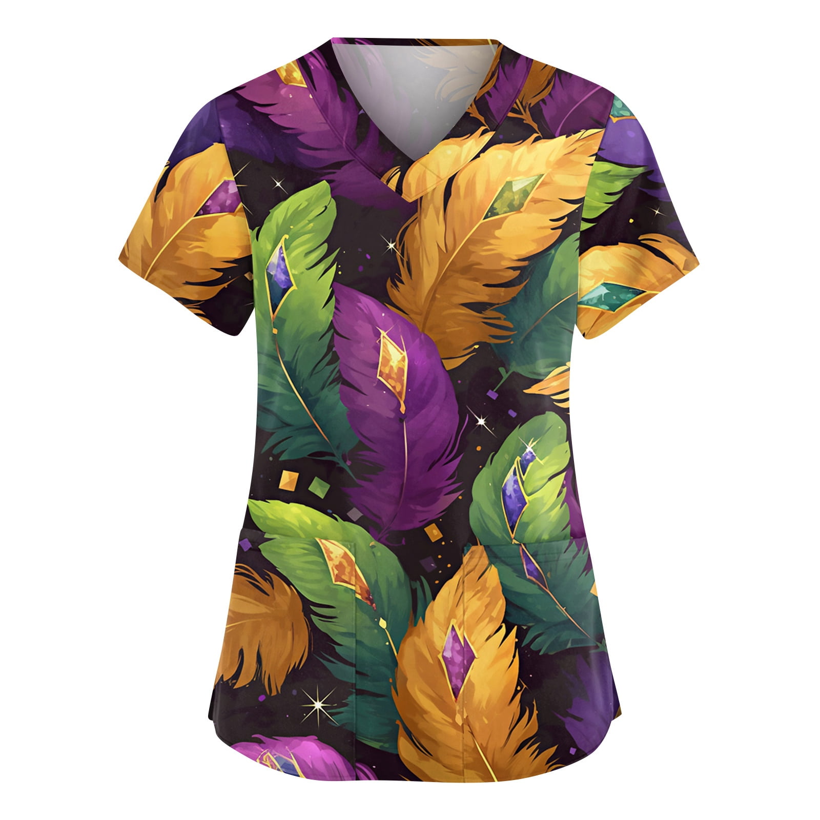 Mardi Gras Scrubs Top Women Plus Size Loose Short Sleeve Funny Carnival ...