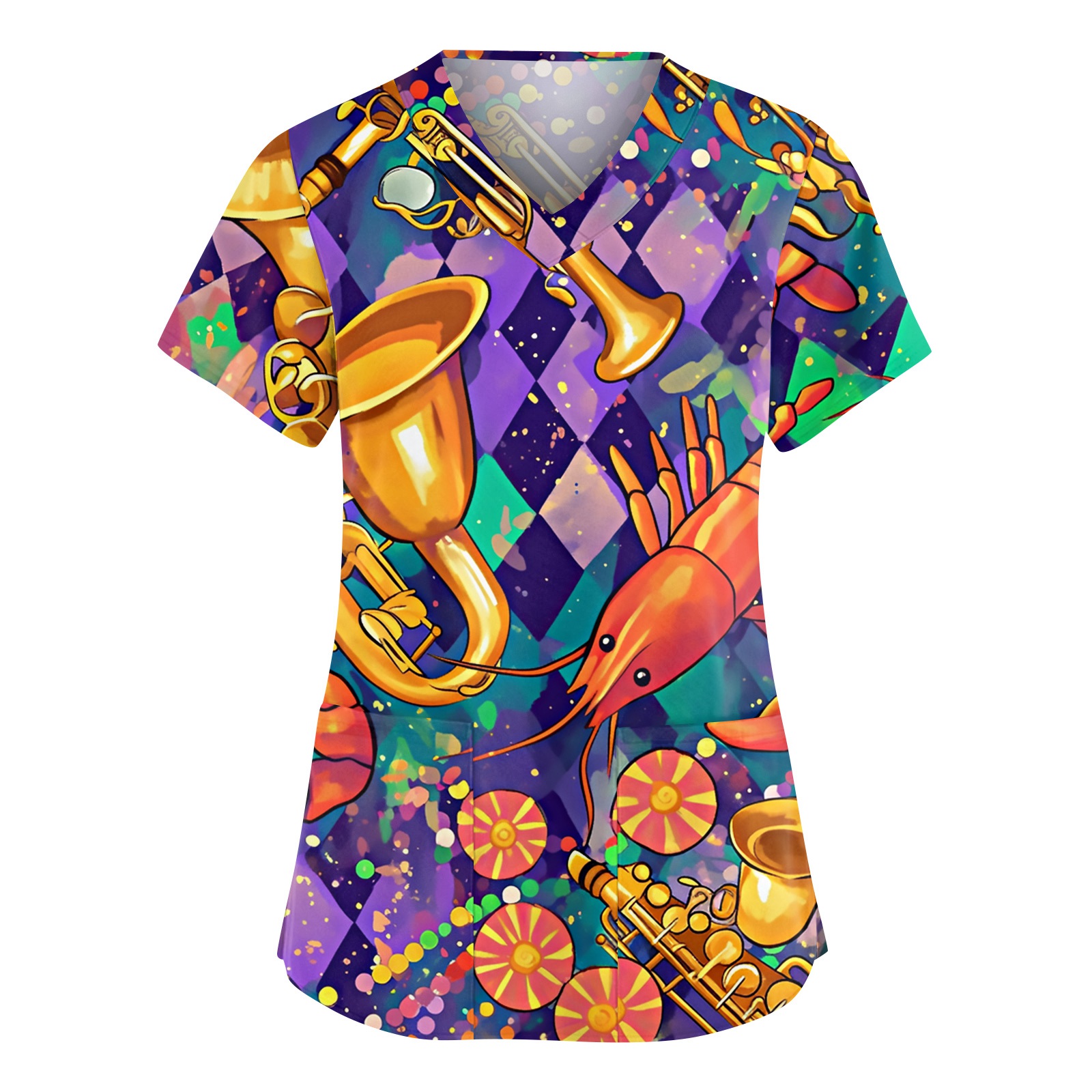 Mardi Gras Scrubs Top for Women Funny Mask Feather Print Short Sleeve ...