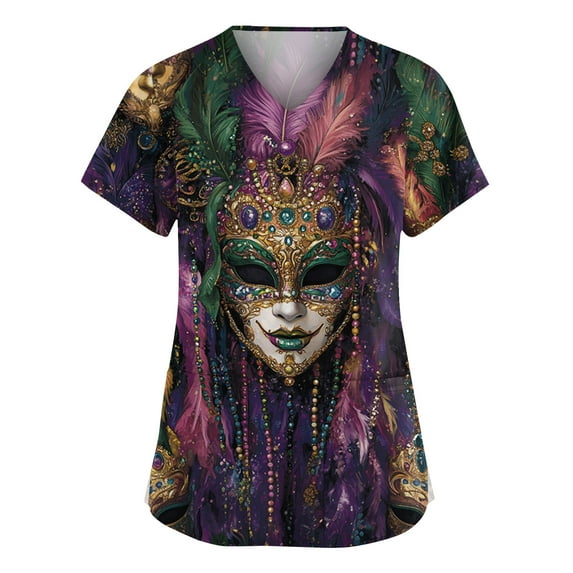 Mardi Gras Scrubs Tops Women V Neck Short Sleeve Printed Scrub Tops ...