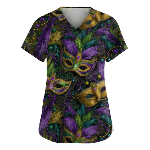 Mardi Gras Scrubs Tops Women V Neck Short Sleeve Printed Scrub Tops ...