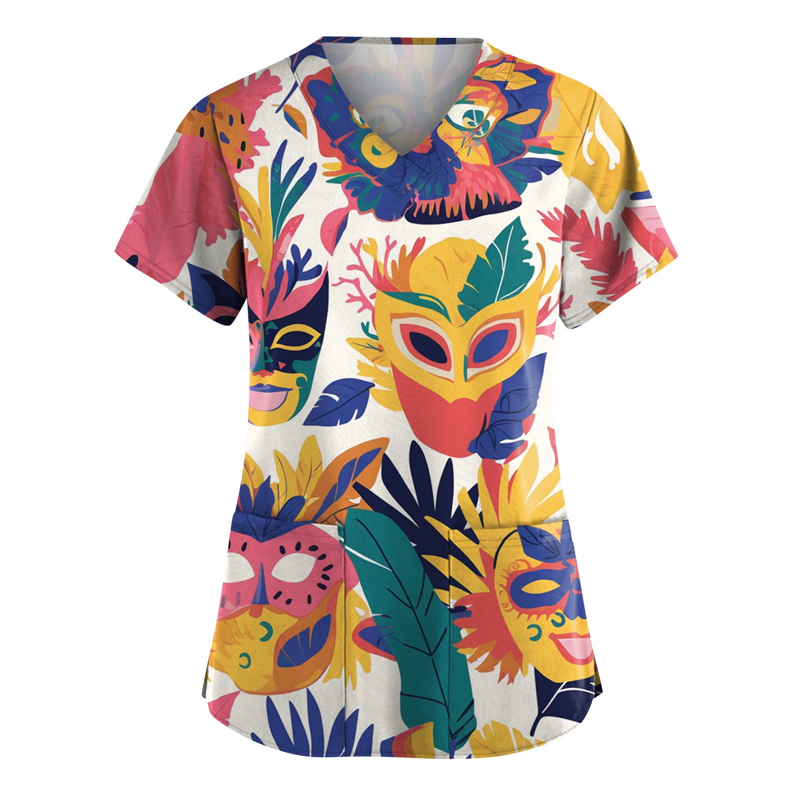 Mardi Gras Scrubs Women Loose Short Sleeve Funny Carnival Mask Printed ...