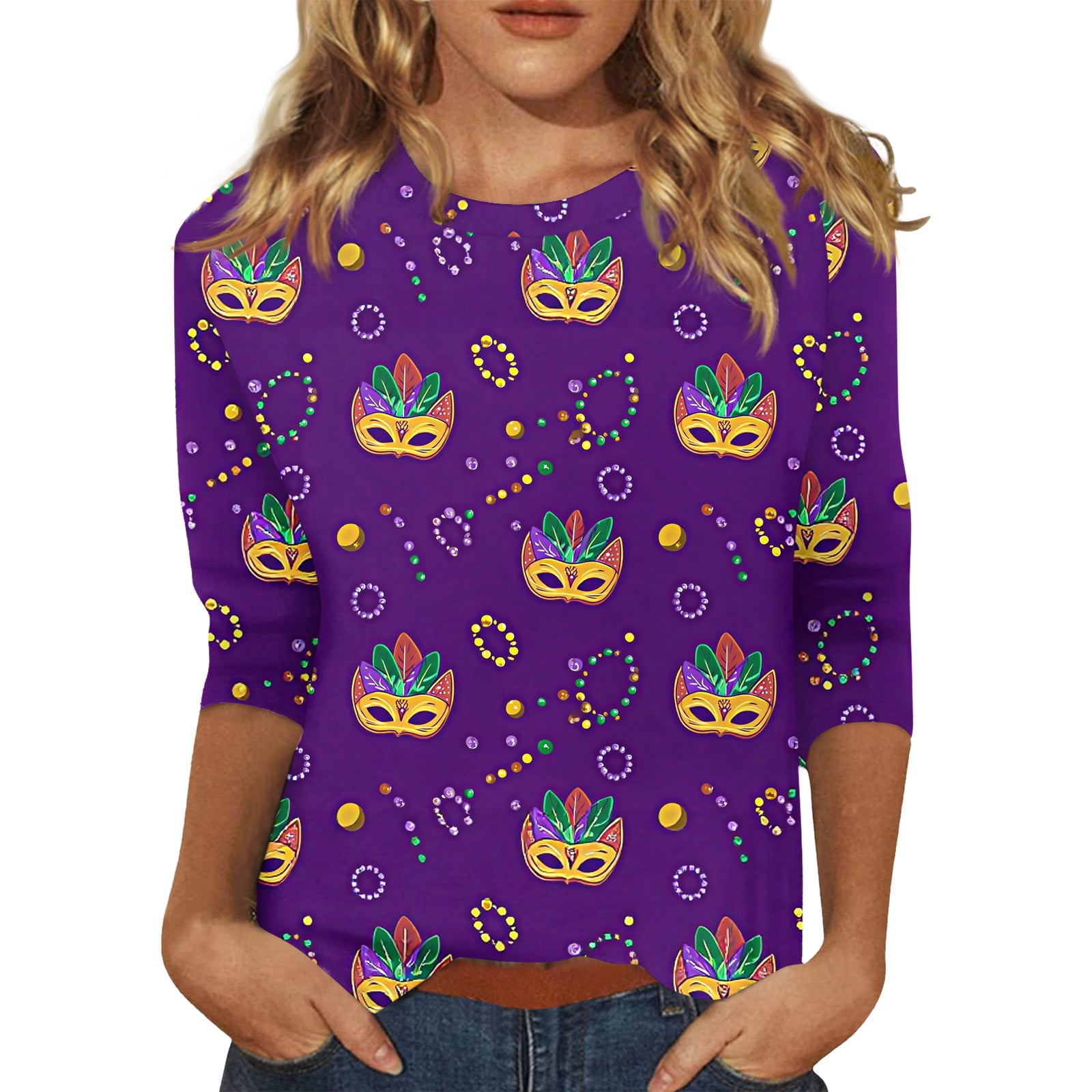 Mardi Gras Shirts Women Plus Size Casual 3/4 Sleeve Tunic Tops Funny ...